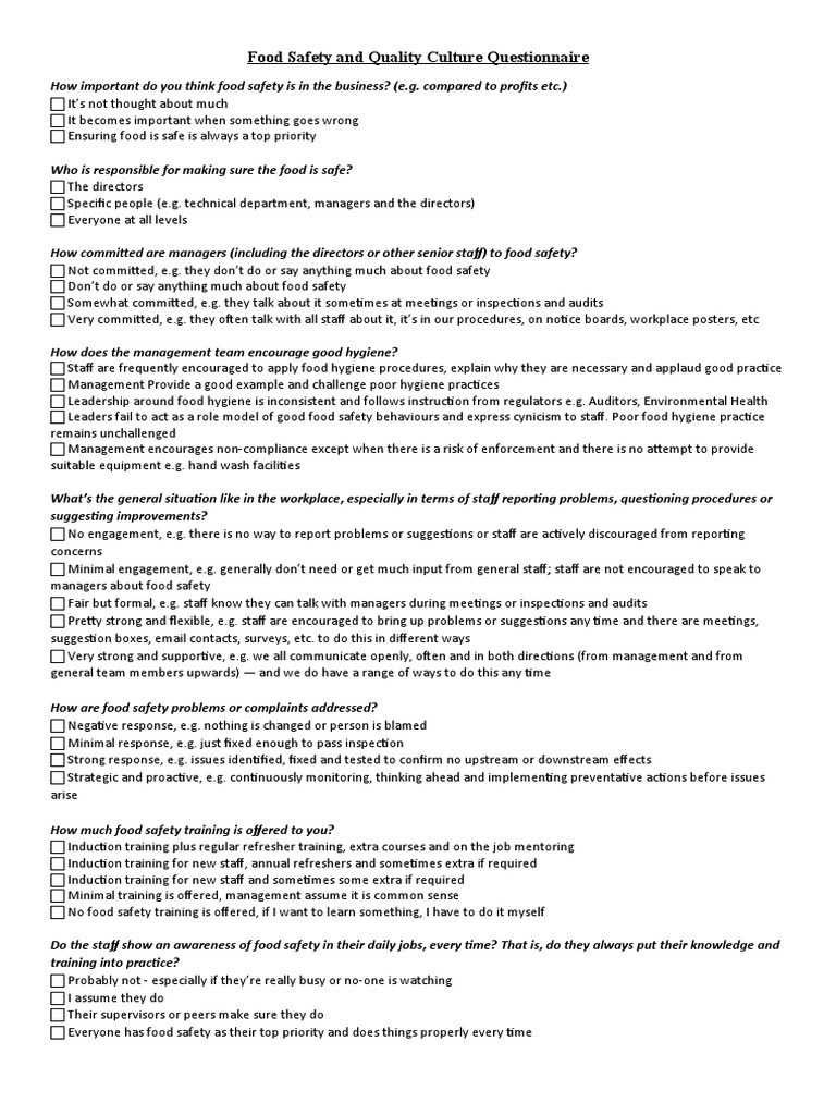 Food Safety and Quality Culture Questionnaire | PDF | Food Safety | Hygiene