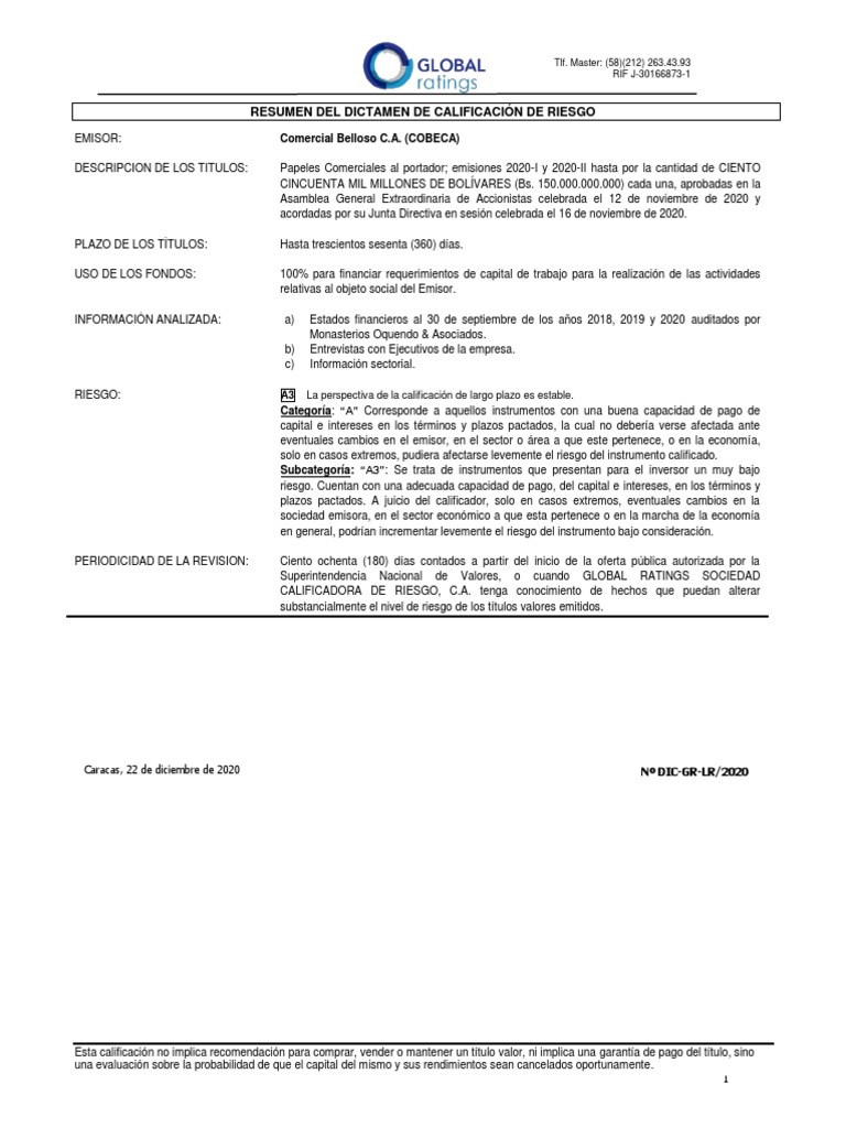 Calificación de riesgo Comercial Belloso C.A. | PDF | Apalancamiento ...
