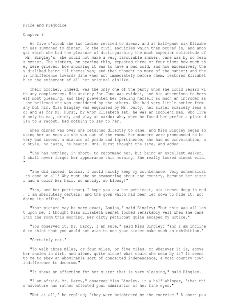 Chapter 8 Summary of Pride and Prejudice | PDF | Mr. Darcy | Pride And ...
