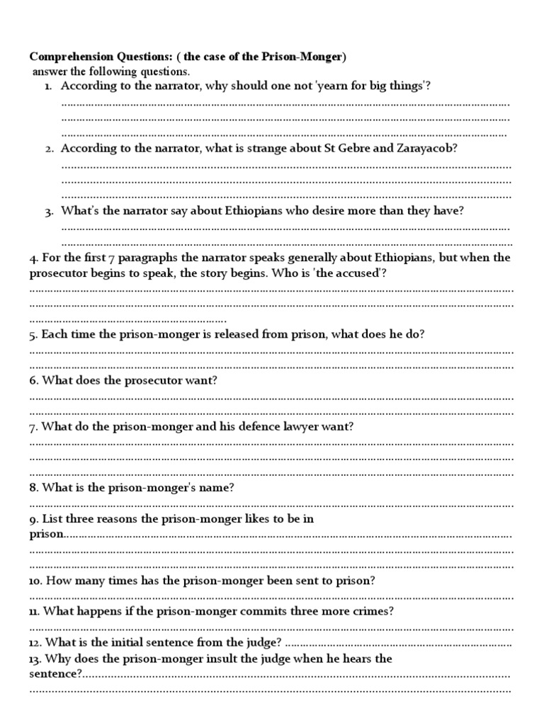 Comprehension Questions - The Prison-Monger | PDF