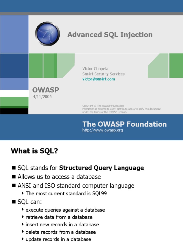Advanced SQL Injection: The OWASP Foundation | PDF | Databases | Data Model