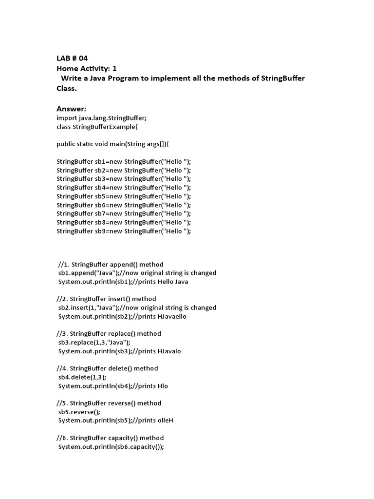 Lab 04 Home Activity 1 Write A Java Program To Implement All The Methods Of Stringbuffer 4516
