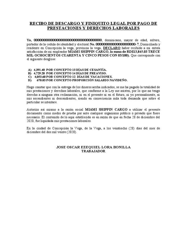 Recibo de Descargo y Finiquito Legal Por Pago de | PDF