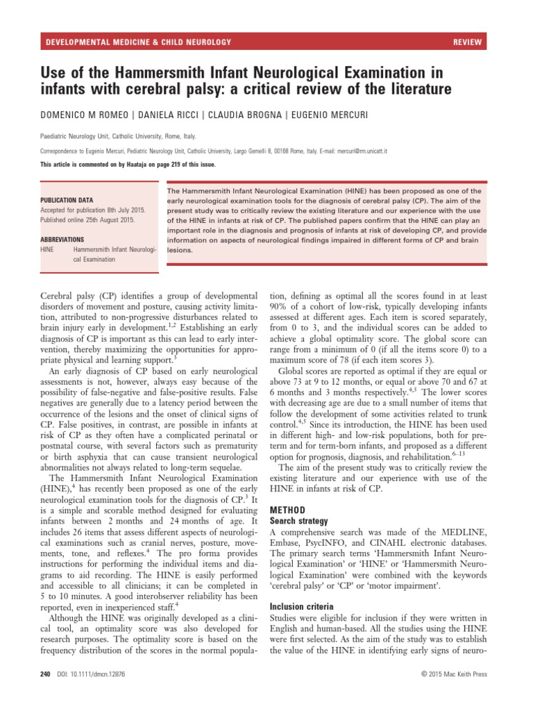 Use of The Hammersmith Infant Neurological Examination in Infants With ...