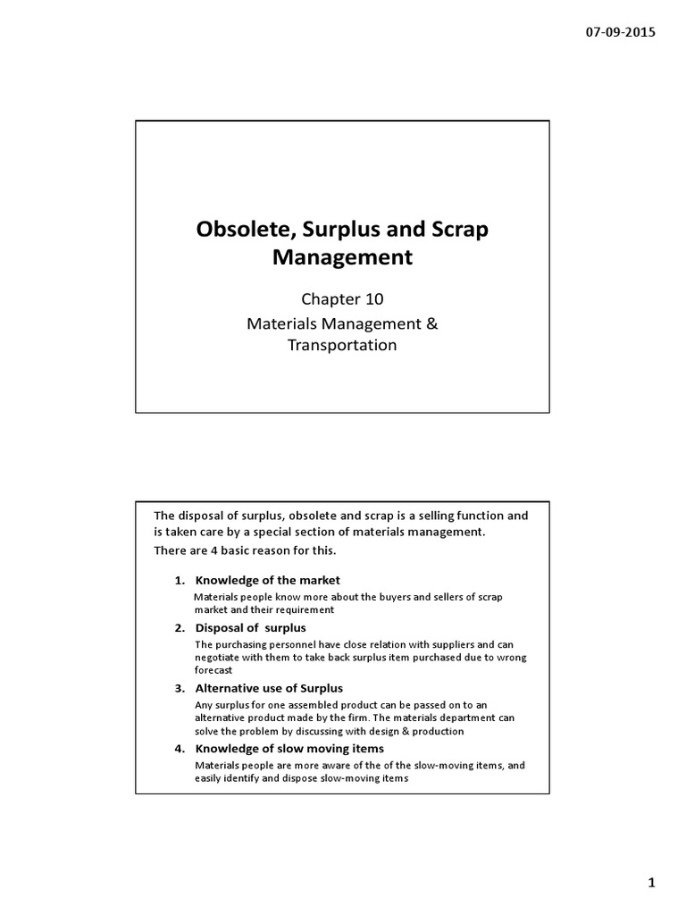 Obsolete, Surplus and Scrap Management: Chapter 10 Materials Management ...