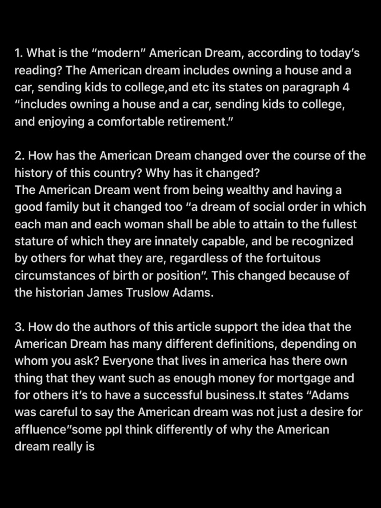 What Is The "Modern" American Dream, According To Today's Reading | PDF