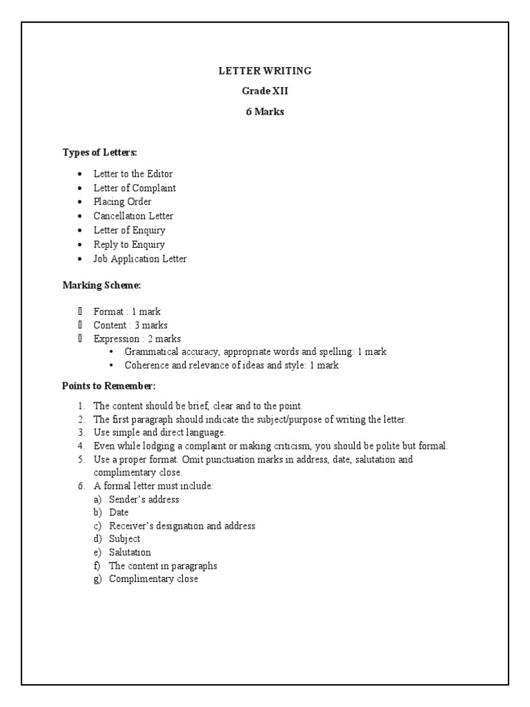 Letter Writing Grade XII 6 Marks | PDF | Paragraph | Water