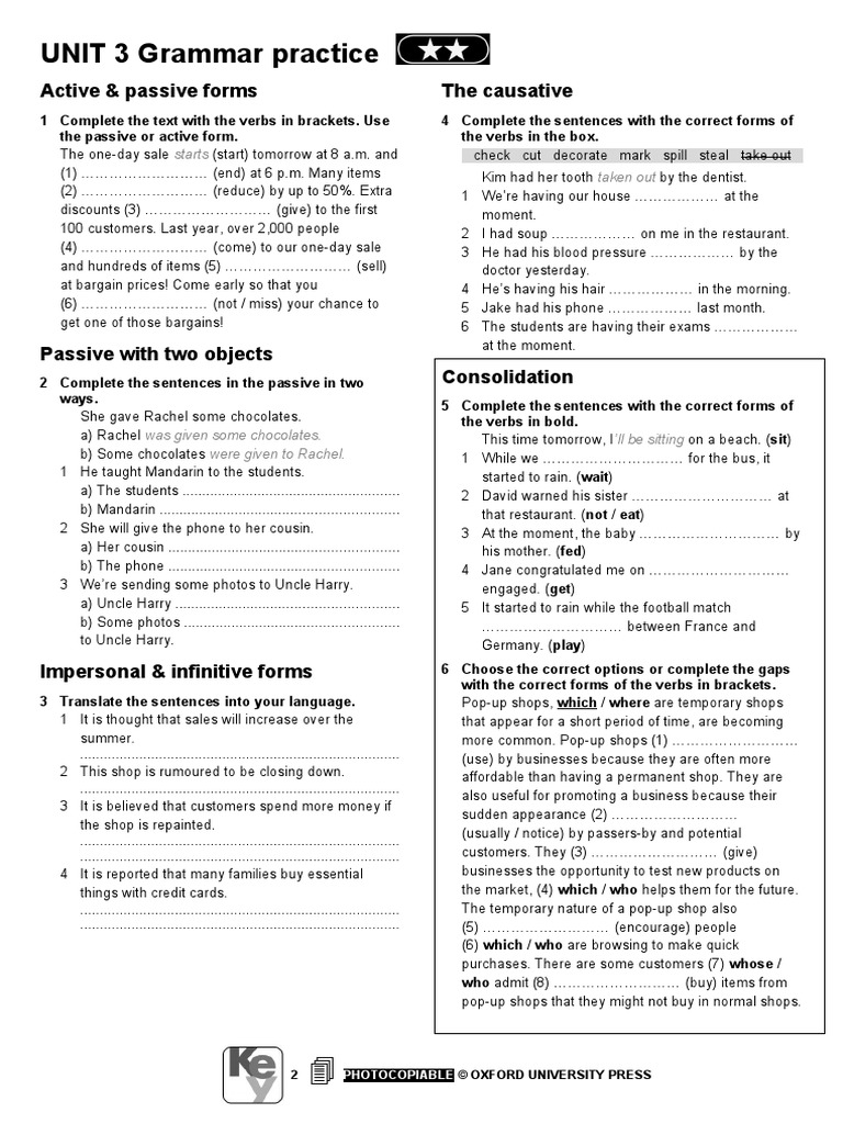 UNIT 3 Grammar Practice: Active & Passive Forms The Causative | PDF | Language Mechanics ...