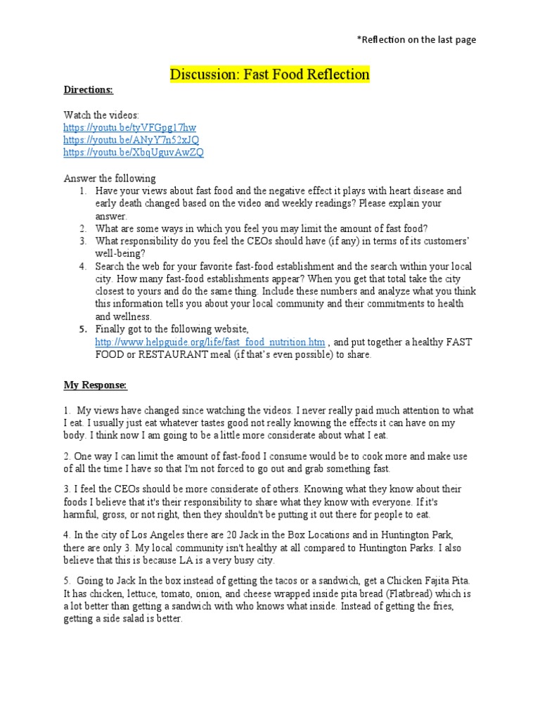 Discussion Fast Food Reflection | PDF | Fast Food | Foods