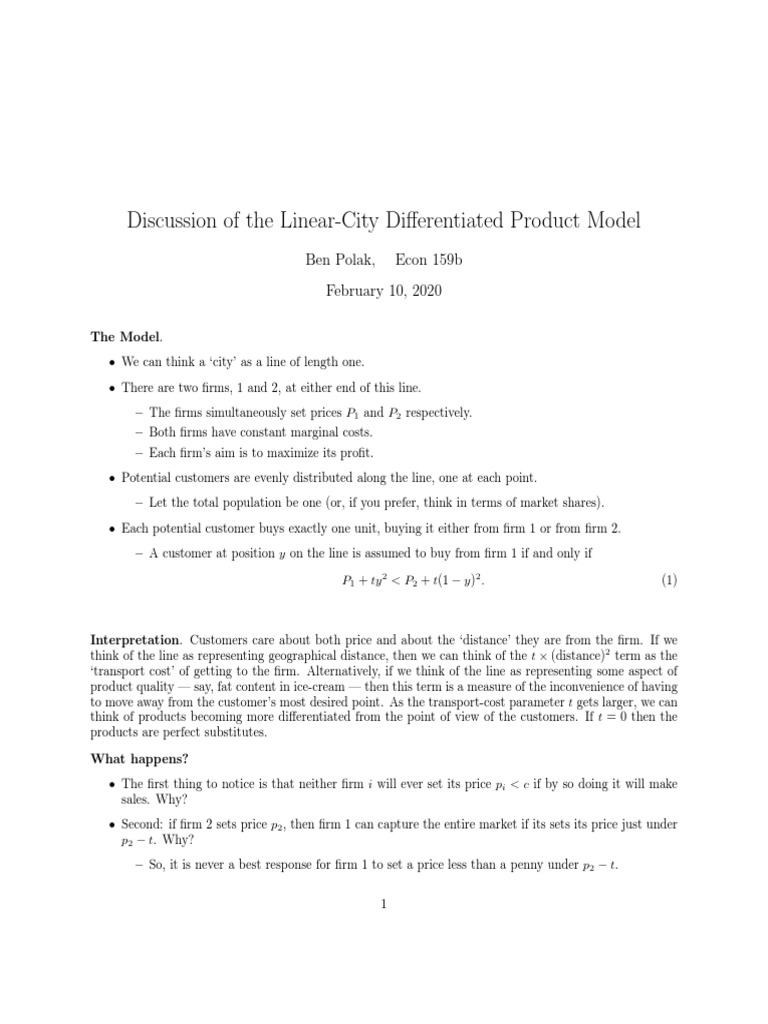 Linear City Model Analysis | PDF | Economic Equilibrium | Microeconomics
