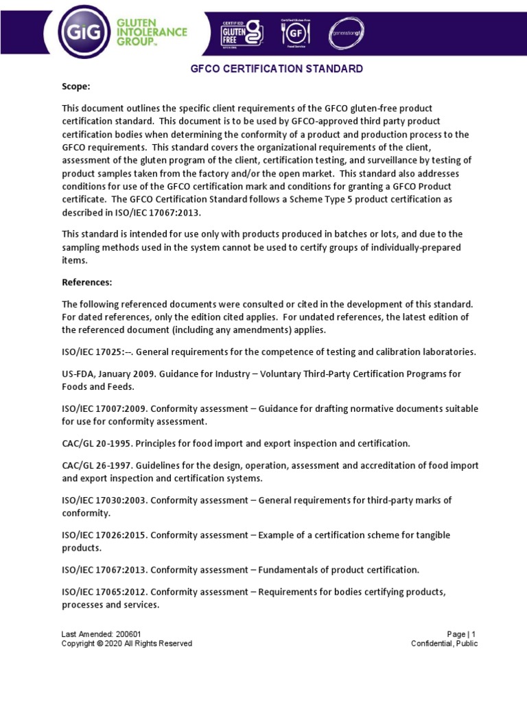 GFCO Certification Standard v.2020 | PDF | Gluten Free Diet | Certification