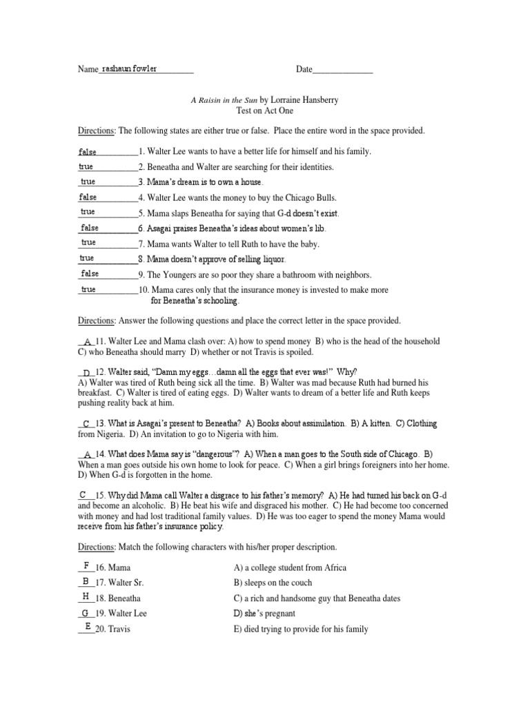 Act One Test for A Raisin in the Sun | PDF