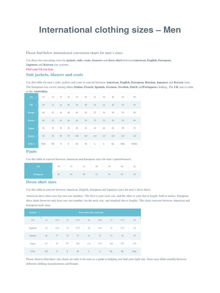 Men's Clothing Sizes - I... e Charts and Conversion | PDF | Trousers ...
