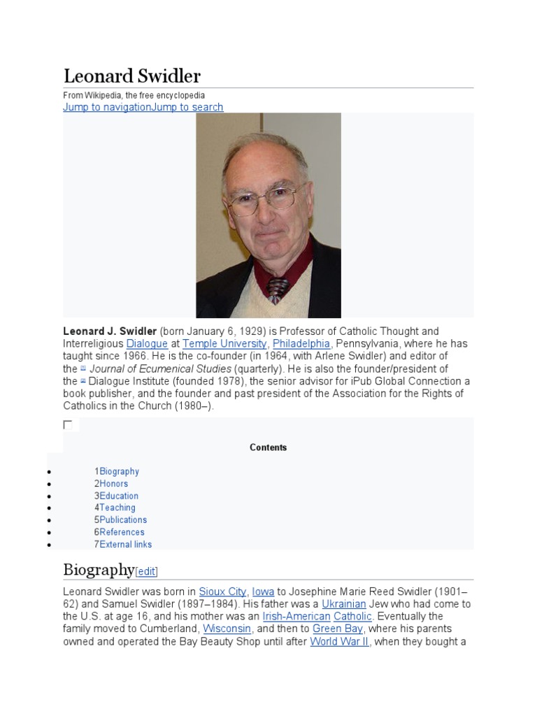 Leonard Swidler: Biography | PDF | Religious Faiths | Religion And Belief
