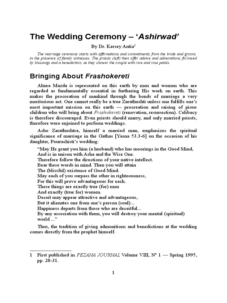 The Wedding Ceremony - Ashirwad': Bringing About Frashokereti | PDF ...