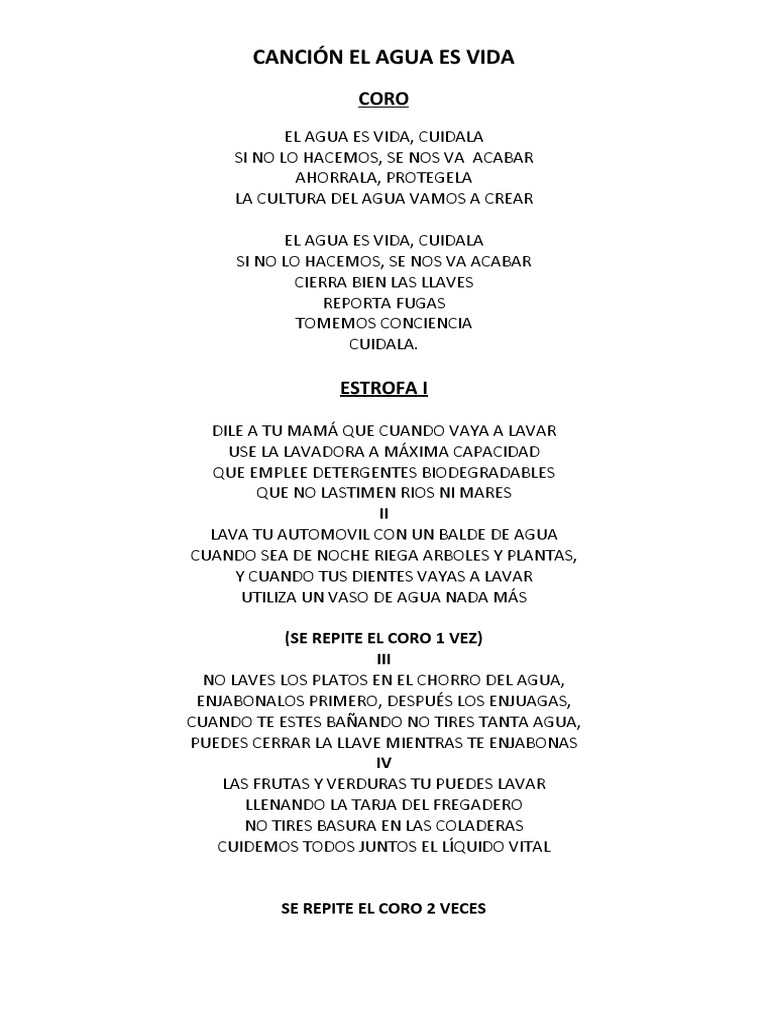 Letra de Cancion El Agua Es Vida | PDF