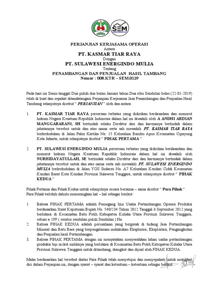 Perjanjian Kerjasama Penambangan dan Penjualan Bijih Nikel antara PT ...