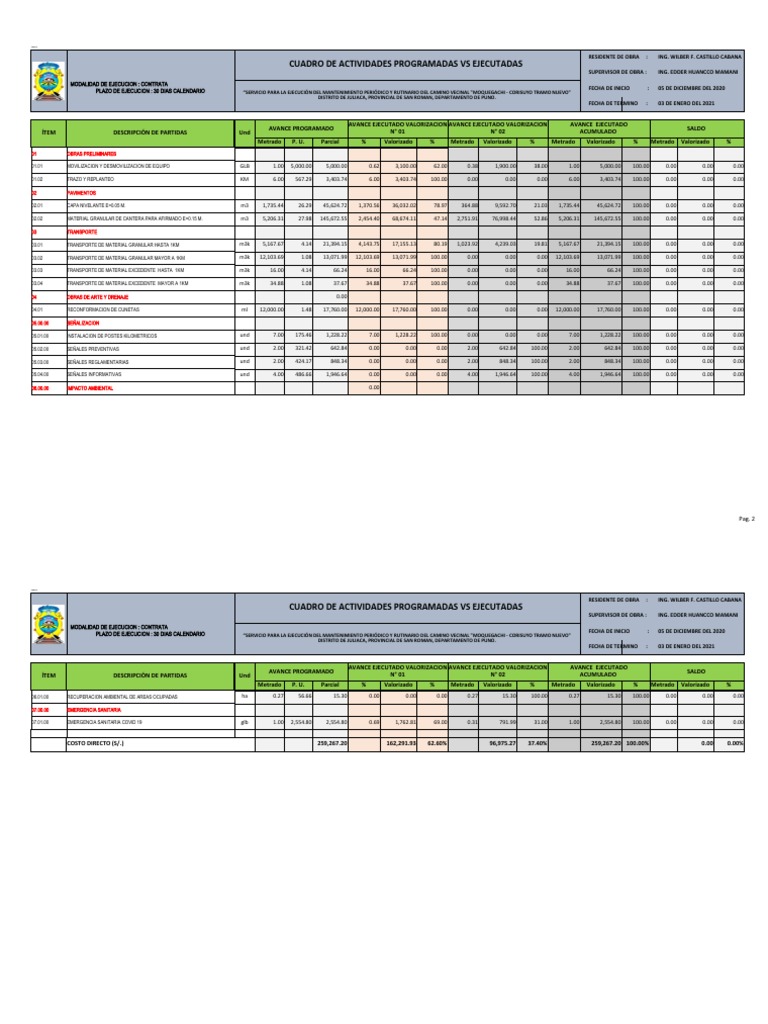 Cuadro De Actividades Proramadas Vs Ejecutadas Pdf Business Salud