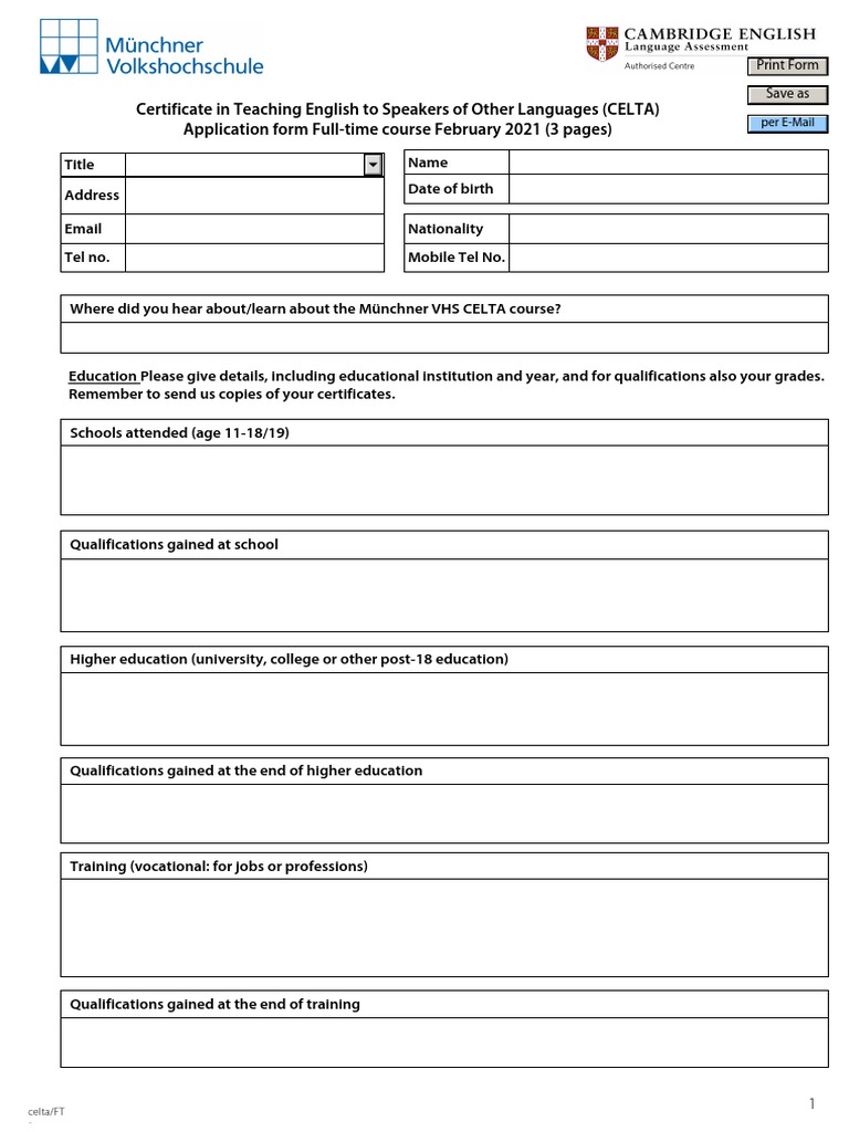 Application Form CELTA Feb 2021 | PDF | Cognition | Learning