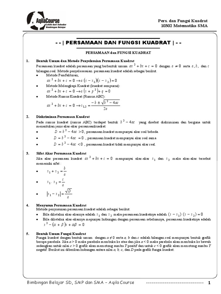 Modul Bimbel Gratis SMA Kelas 10 10302 Matematika Persamaan Dan Fungsi Kuadrat | PDF
