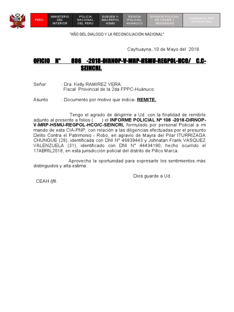 Oficio Remite Informe Robo | PDF