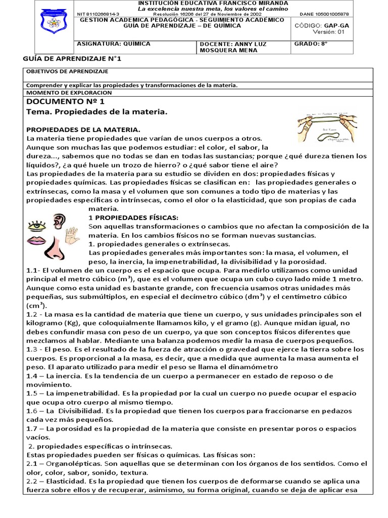 Guía de Aprendizaje Nº1 Propiedades de La Materia | PDF | Peso | Densidad
