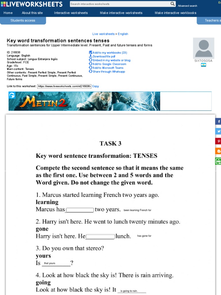 Key Word Transformation Sentences Tenses Worksheet 2 | PDF | Worksheet ...