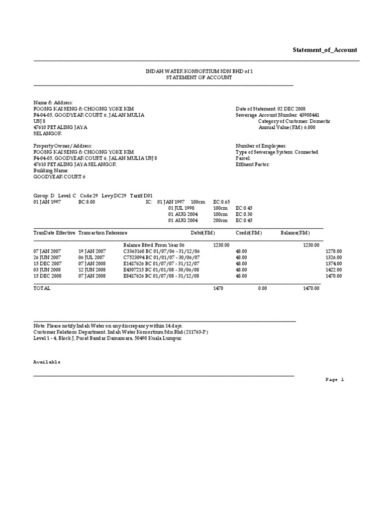 Indah Water Account Statement 2008 | PDF | Service Industries | Water ...
