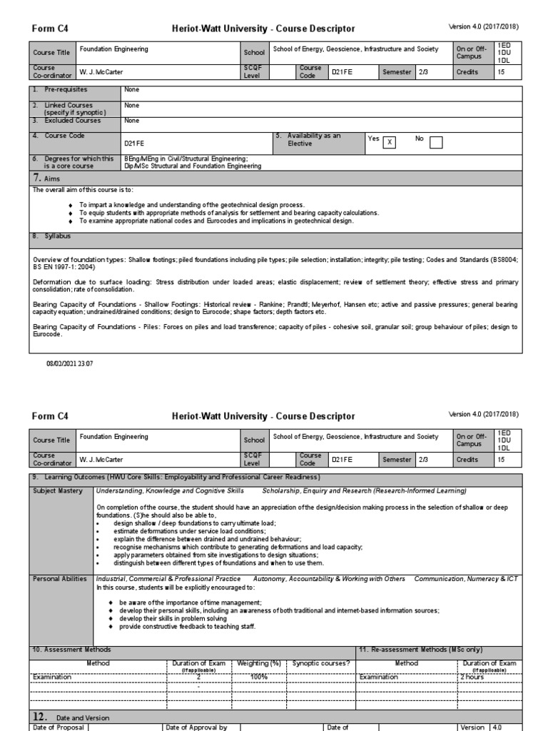 Form C4 Heriot-Watt University - Course Descriptor | PDF | Geotechnical ...