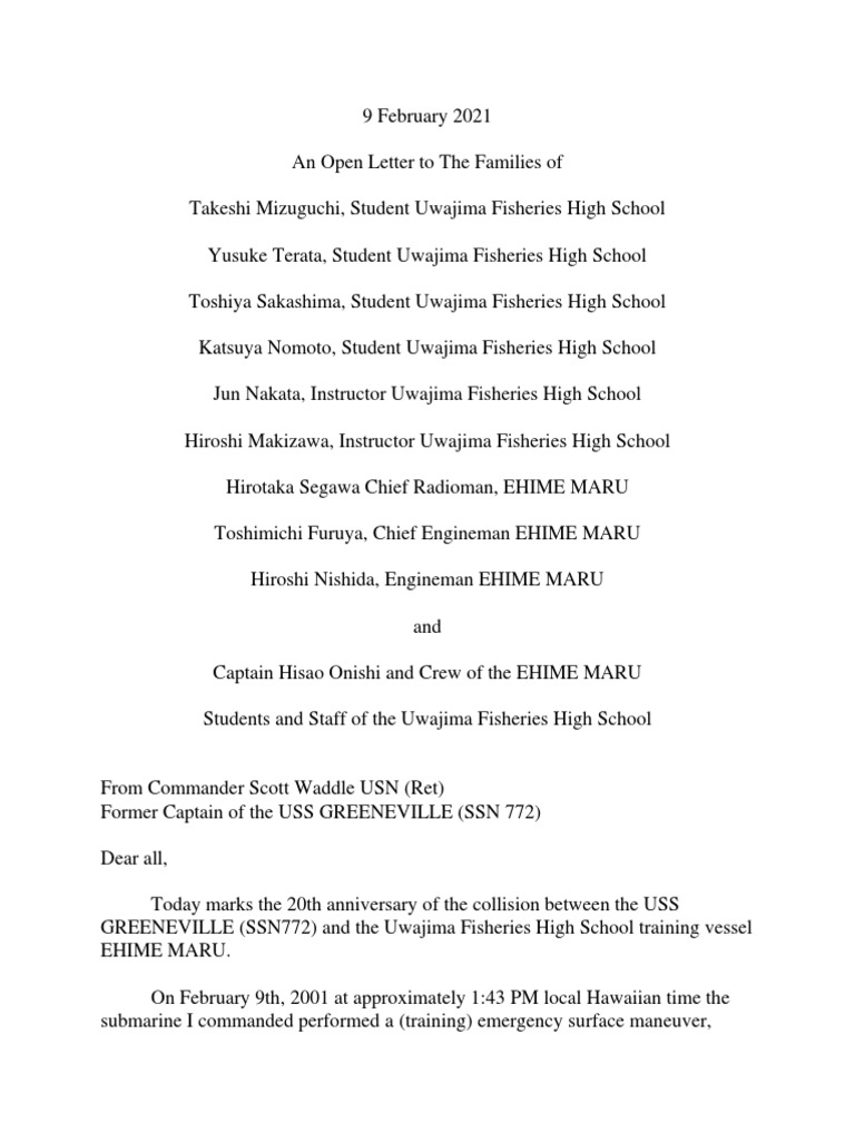 Commander Scott Waddle Open Letter | PDF | Accident (General) | Violence