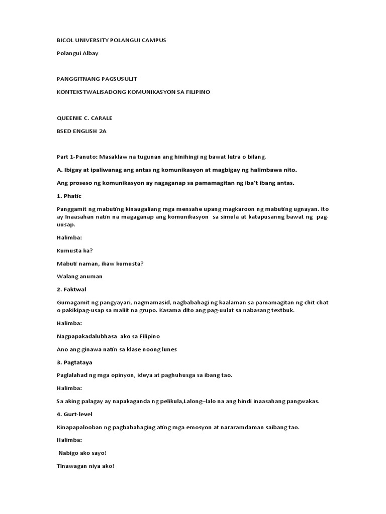 Primary:bsed English 2a First Semester/komfil Midterm Exam-Queenie Carale-2nd Wave | PDF