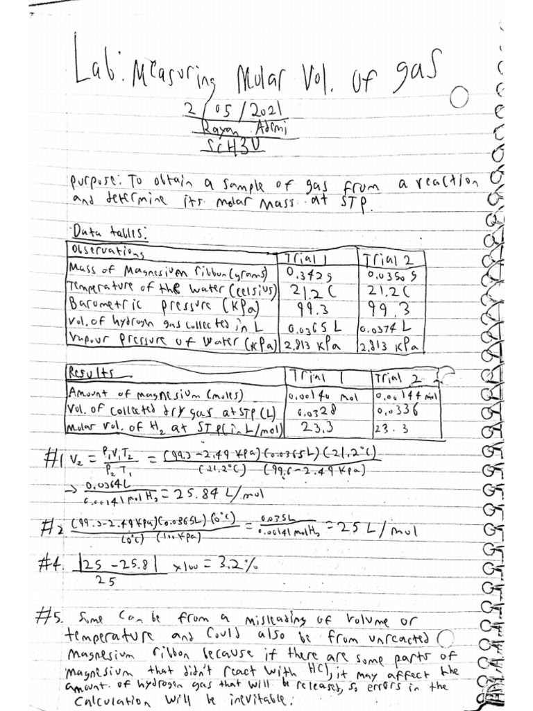Unit 4 Lesson 10 Lab Measuring Molar Volume of A Gas | PDF