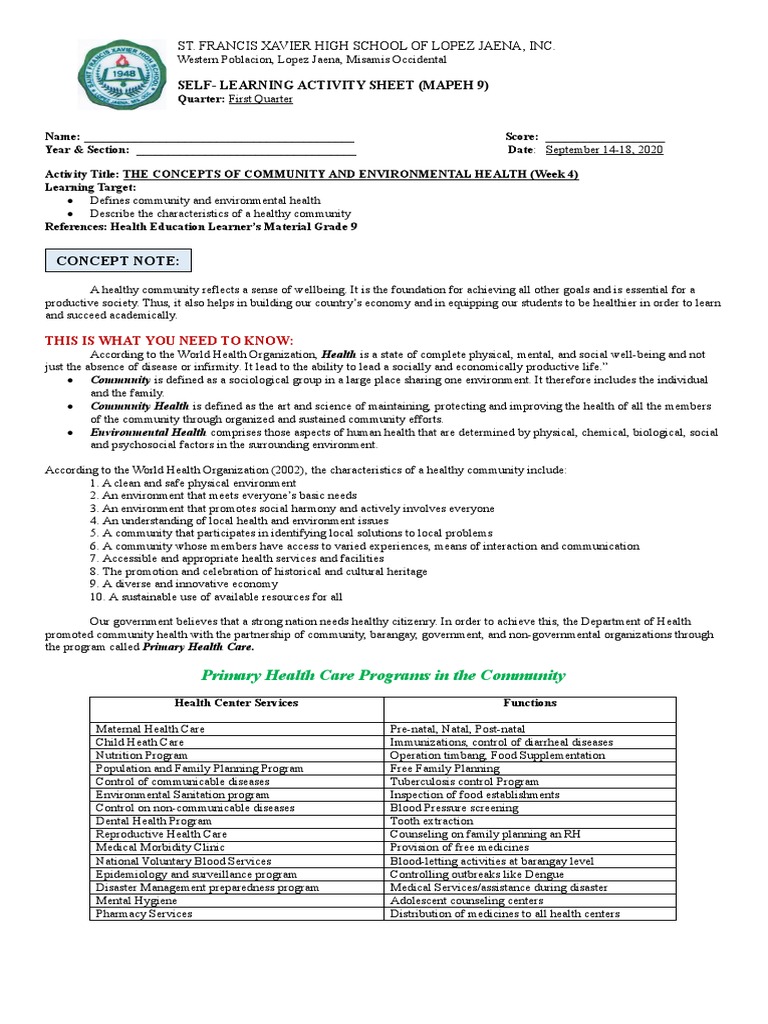 Concept Note:: Self-Learning Activity Sheet (Mapeh 9) | PDF | Waste ...
