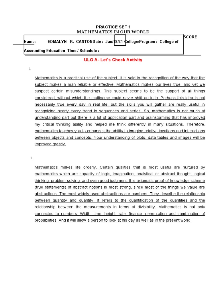 ULO A-Let's Check Activity: Practice Set 1 Mathematics in Our World | PDF | Teaching Mathematics ...