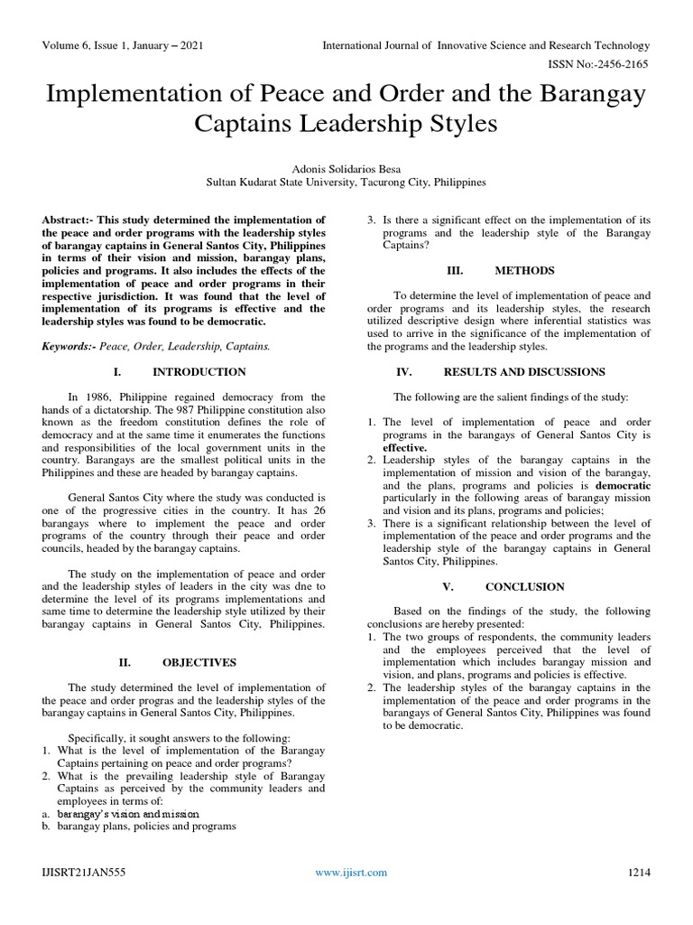 Implementation of Peace and Order and The Barangay Captains Leadership ...