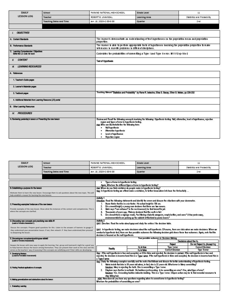 Grade 11 Hypothesis Testing Lesson | PDF | Type I And Type Ii Errors ...