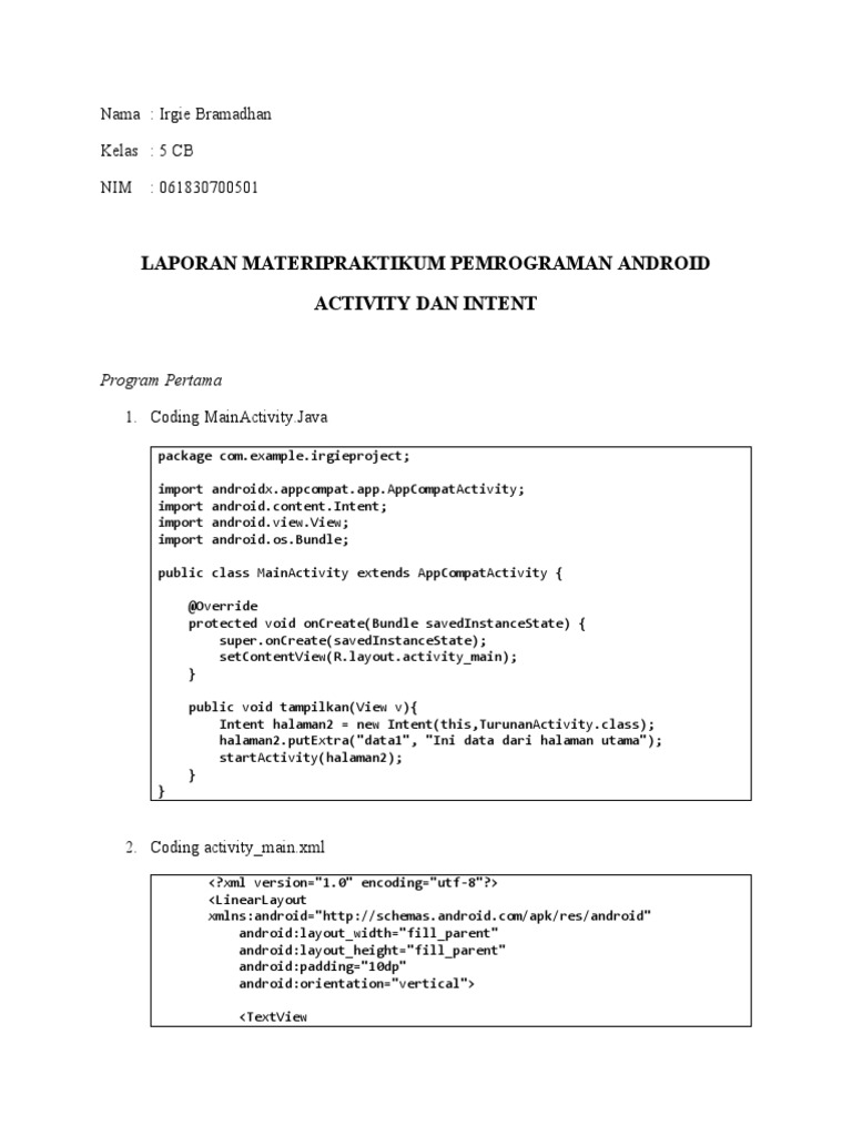 Laporan Materi Pemrograman Android Activity Dan Intent (Irgie Bramadhan 5CB) | PDF | Android ...