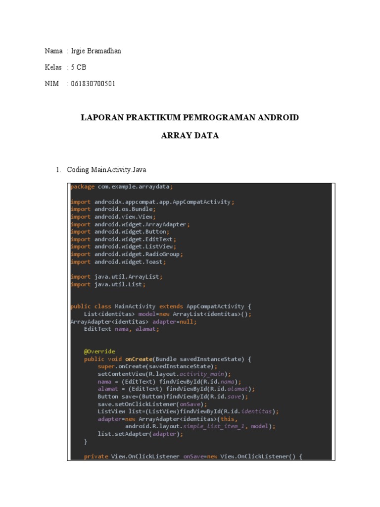 Laporan Praktikum Pemrograman Android Array Data (Irgie Bramadhan 5CB) | PDF | Android ...