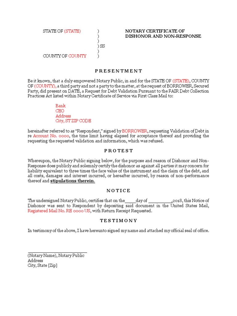 Notary Certificate of Dishonor and Non Response | PDF