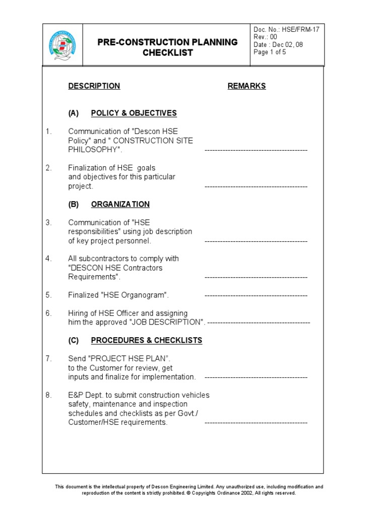 HSE FRM-17 Pre-Construction Planning Checklist | PDF | Safety | Business