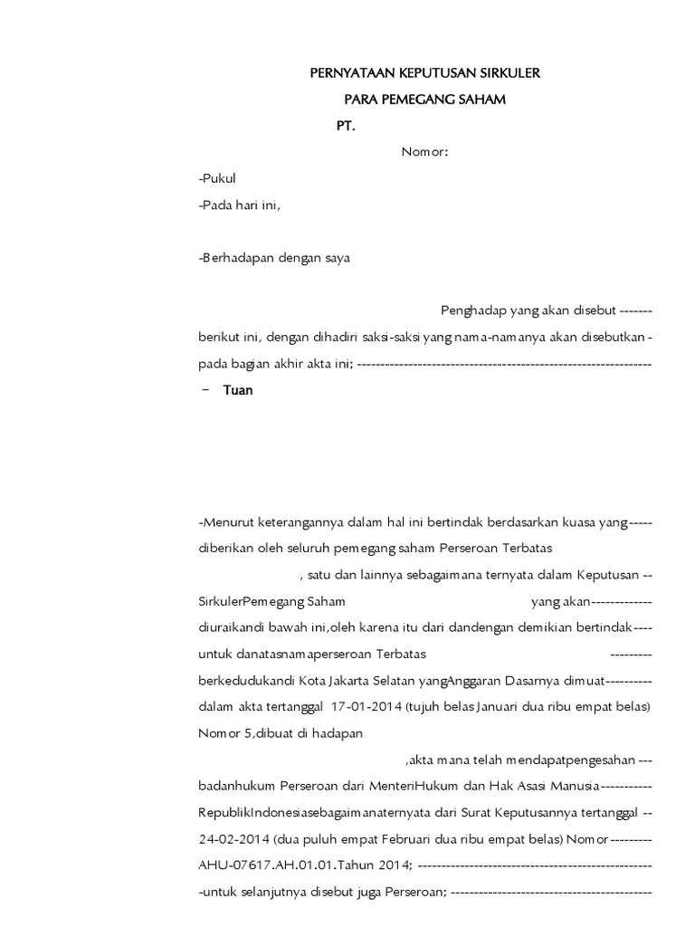 Draft Keputusan Sirkuler Pemegang Saham - Akuisisi | PDF