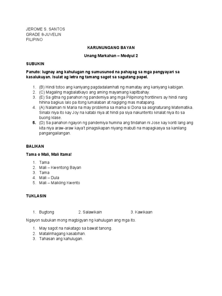 Jerome S. Santos - Filipino Unang Markahan-Modyul 2 | PDF