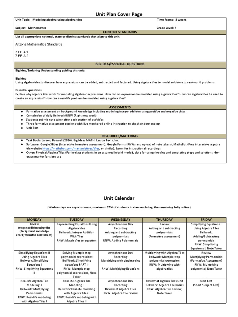 Algebra Tiles Unit Plan for 7th Grade | PDF | Algebra | Polynomial