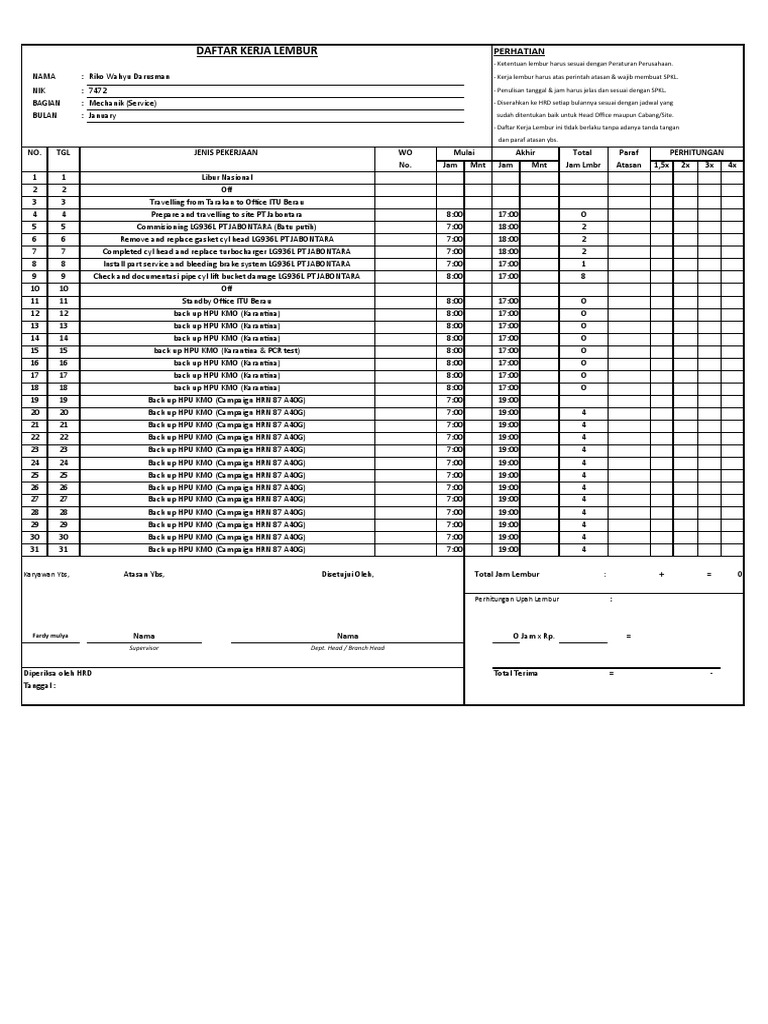 Form Lembur & Lapangan | PDF