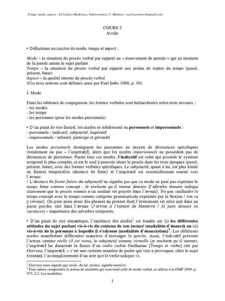 Modes Verbaux : Définitions et Usages | PDF | Temps (grammaire) | Verbe