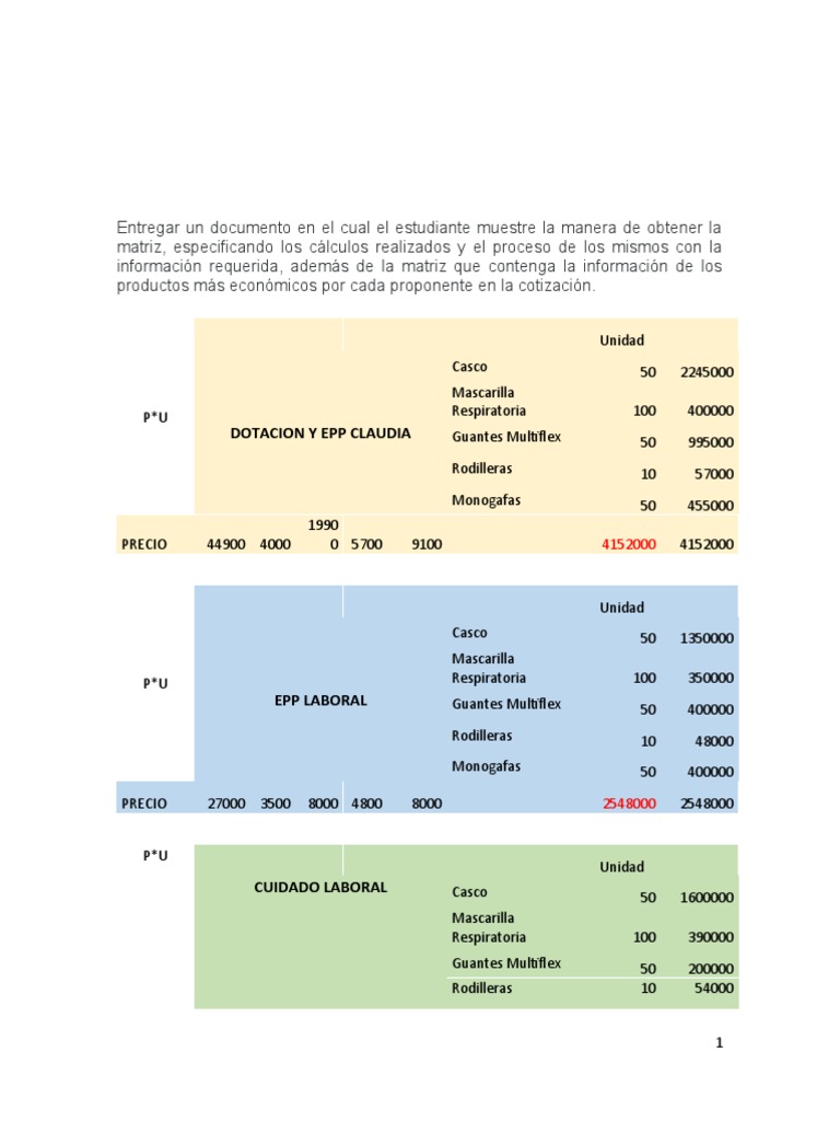 Matriz de Cotización EPP Económico | PDF