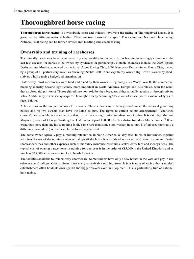 Thoroughbred Horse Racing Overview | PDF | Equestrian Sports ...