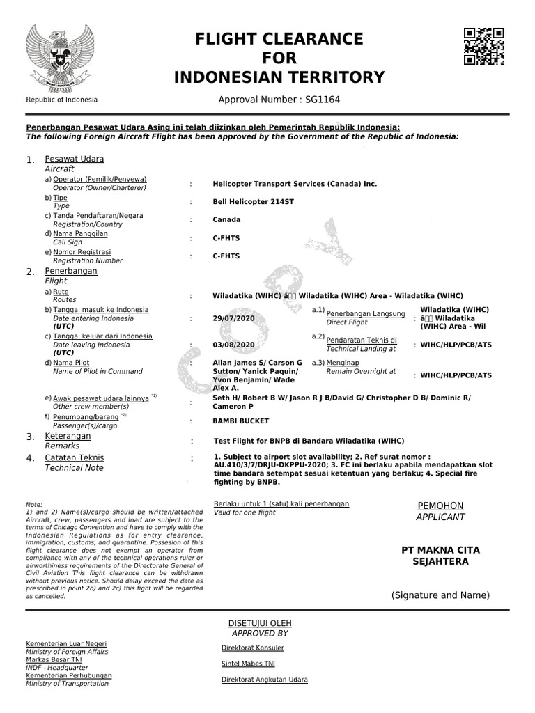 Flight Clearance FOR Indonesian Territory: Approval Number: SG1164 ...