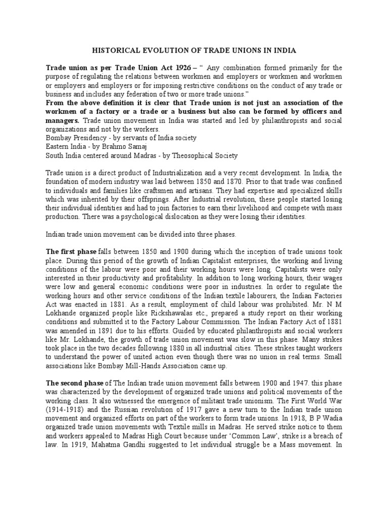 Historical Evolution of Trade Unions in India | PDF | Trade Union ...