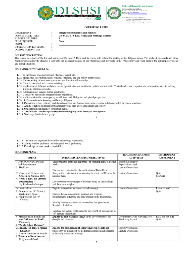 Ge-Sosc 110-Life Works and Writings of Rizal | PDF | Philippines | Science